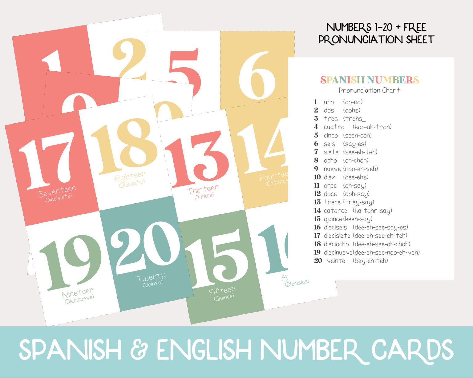 English to Spanish Number Cards 1-20 - Little Lions Academy